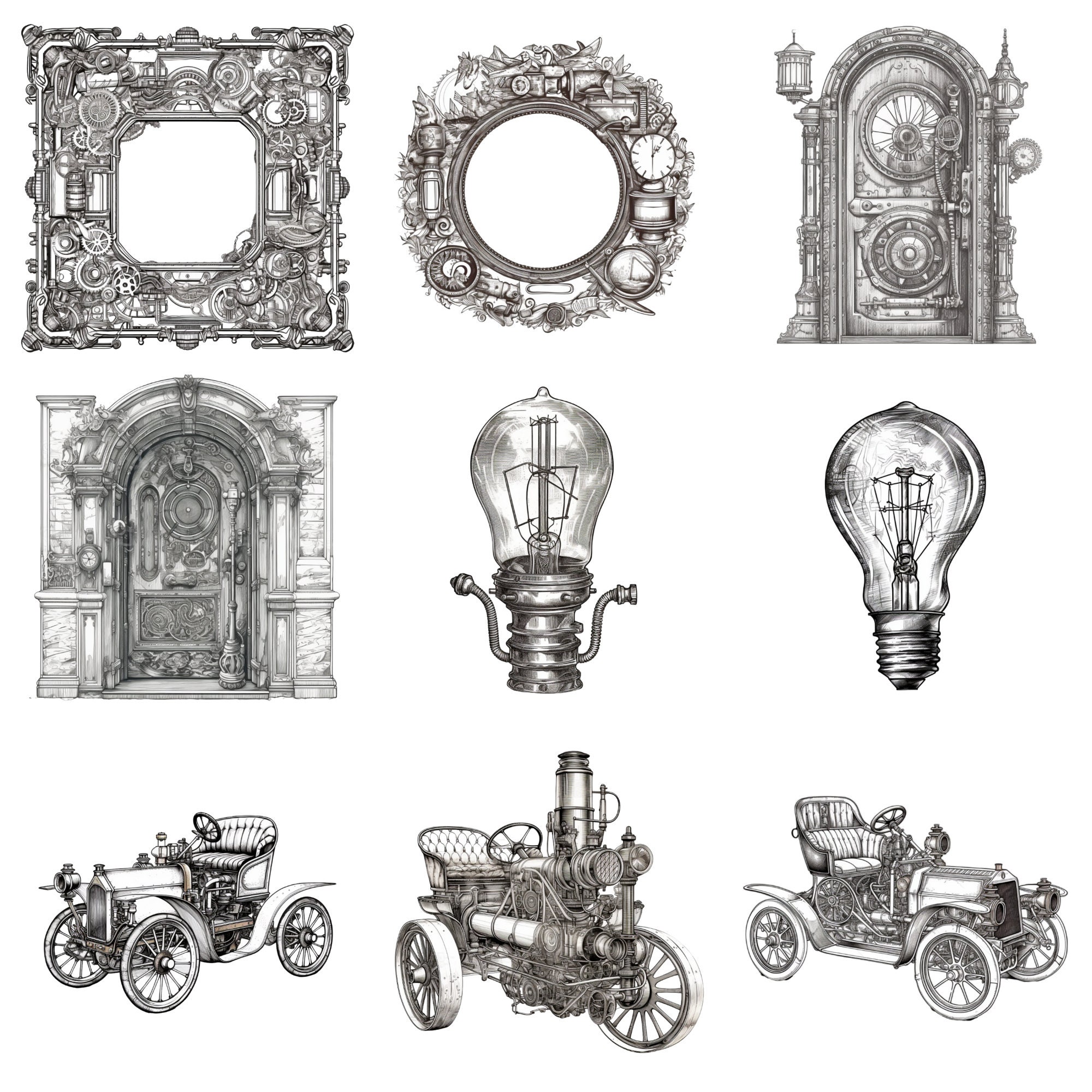 Steampunk Line Art Greyscale Monochrome Clipart, Vintage Victorian ...