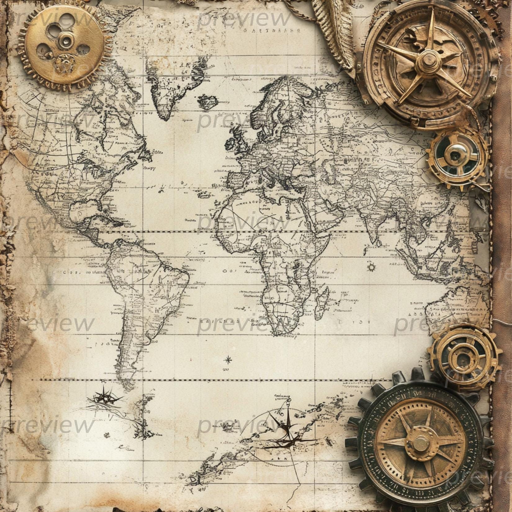 Steampunk World Map Digital Paper Pack - 12 Vintage Atlas Backgrounds for Scrapbooking & Crafts ...