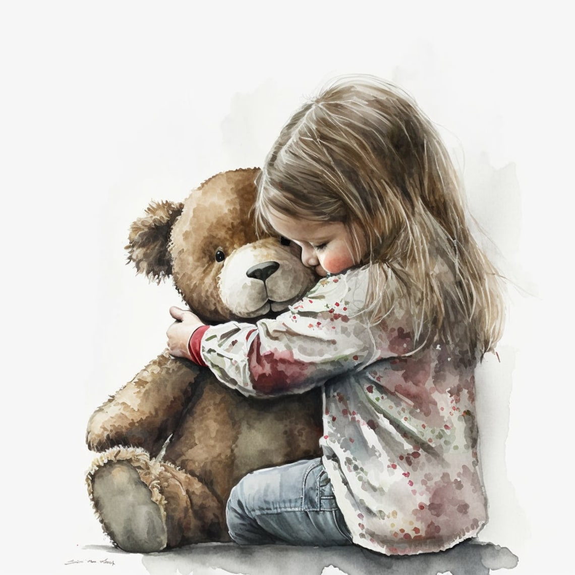 Little Girl Cuddling a Teddy Bear, Nursery Art, Printable Digital ...