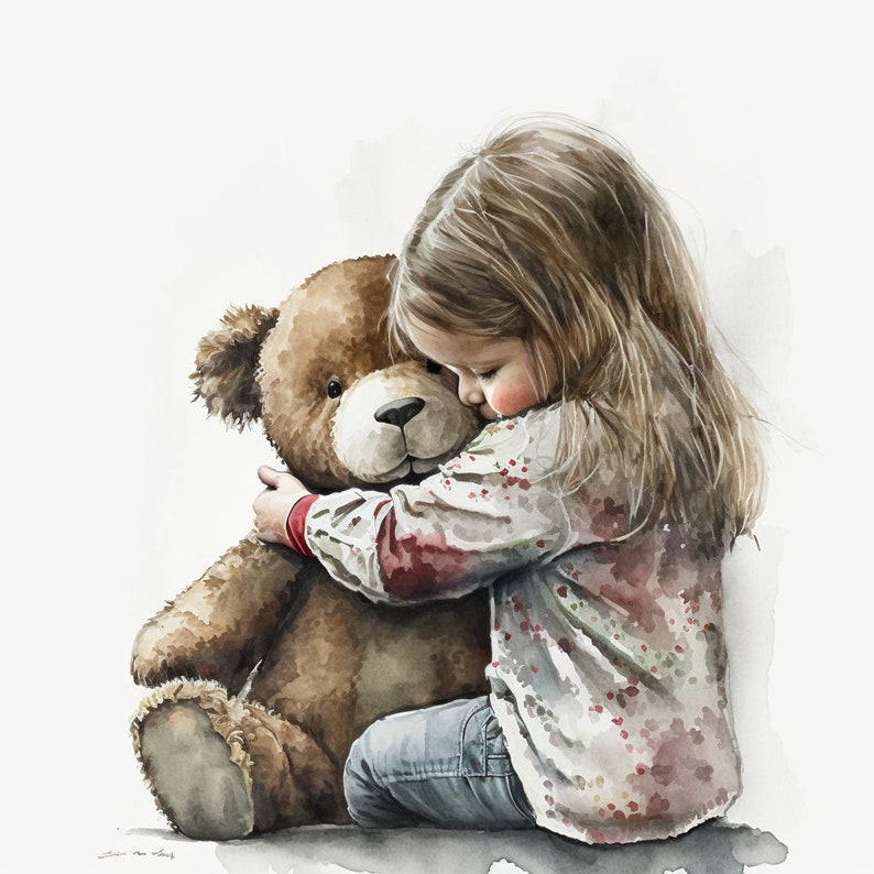 Little Girl Cuddling a Teddy Bear, Nursery Art, Printable Digital ...