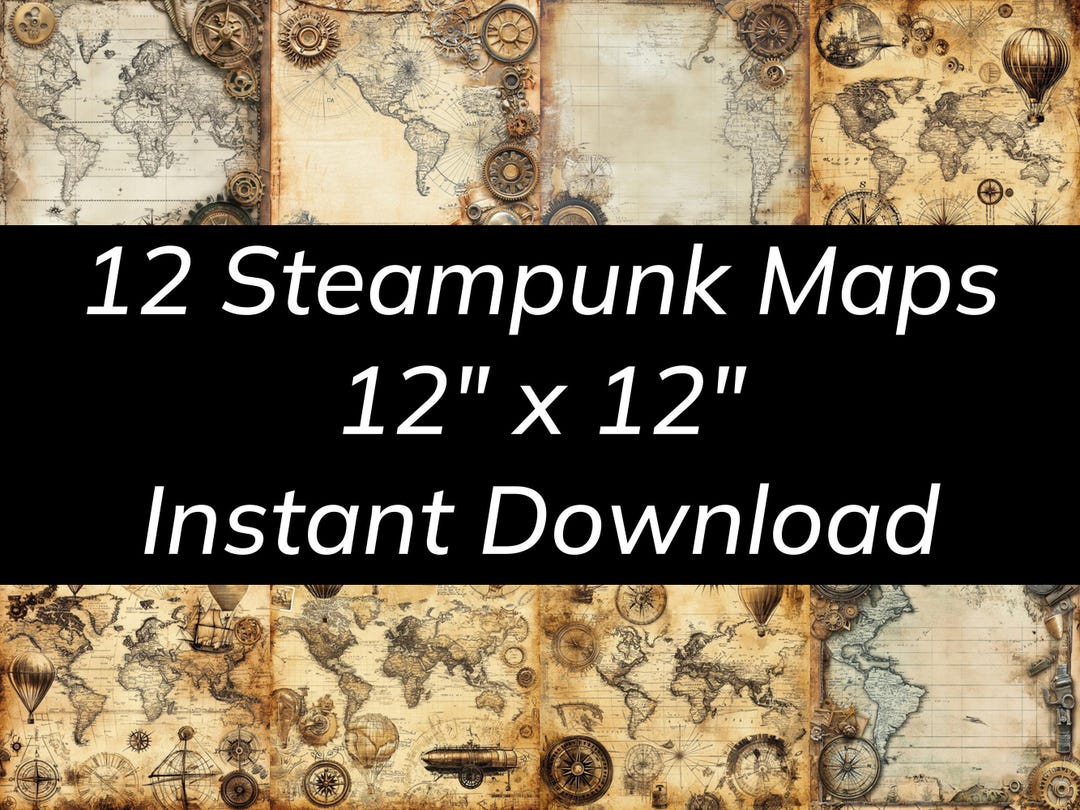 Steampunk World Map Digital Paper Pack - 12 Vintage Atlas Backgrounds ...