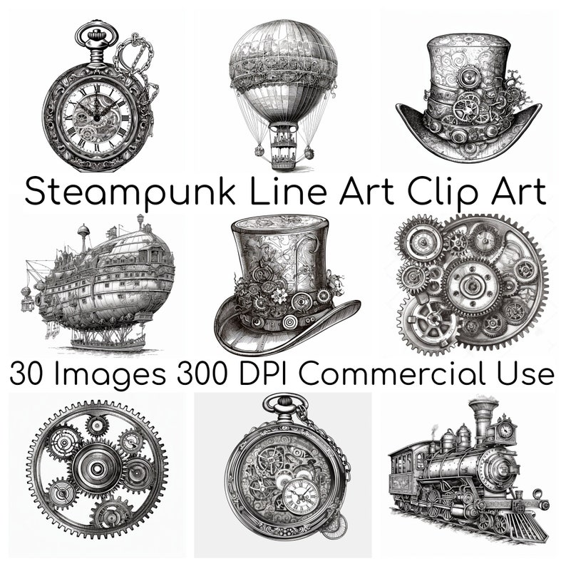 Steampunk Line Art Greyscale Monochrome Clipart, Vintage Victorian ...