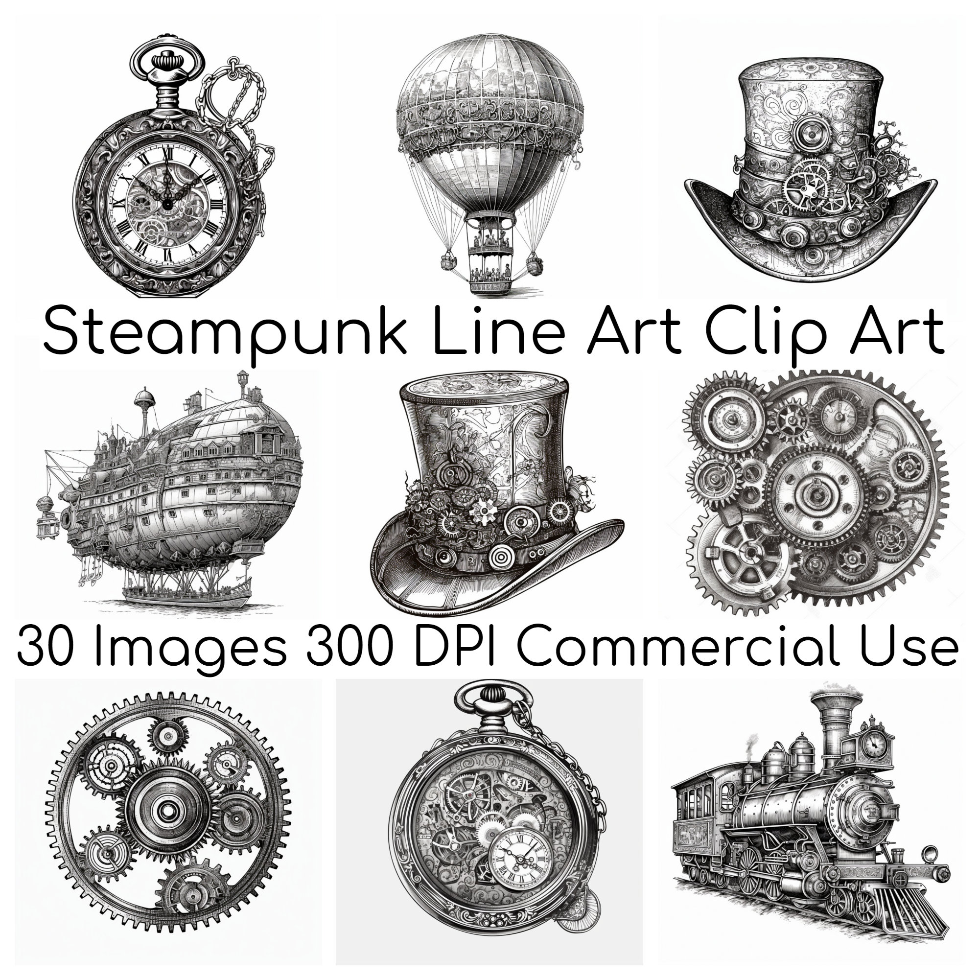 Steampunk Line Art Greyscale Monochrome Clipart, Vintage Victorian ...
