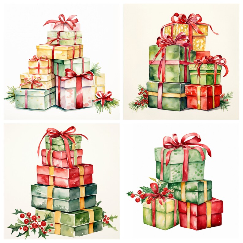 Christmas Gift Boxes Clipart, Watercolor Present, Xmas Clipart ...