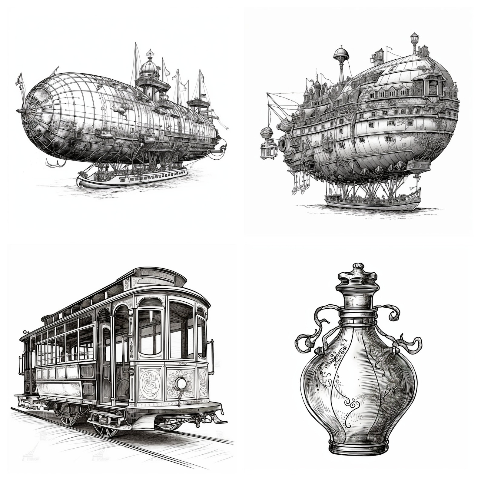 Steampunk Line Art Greyscale Monochrome Clipart, Vintage Victorian ...