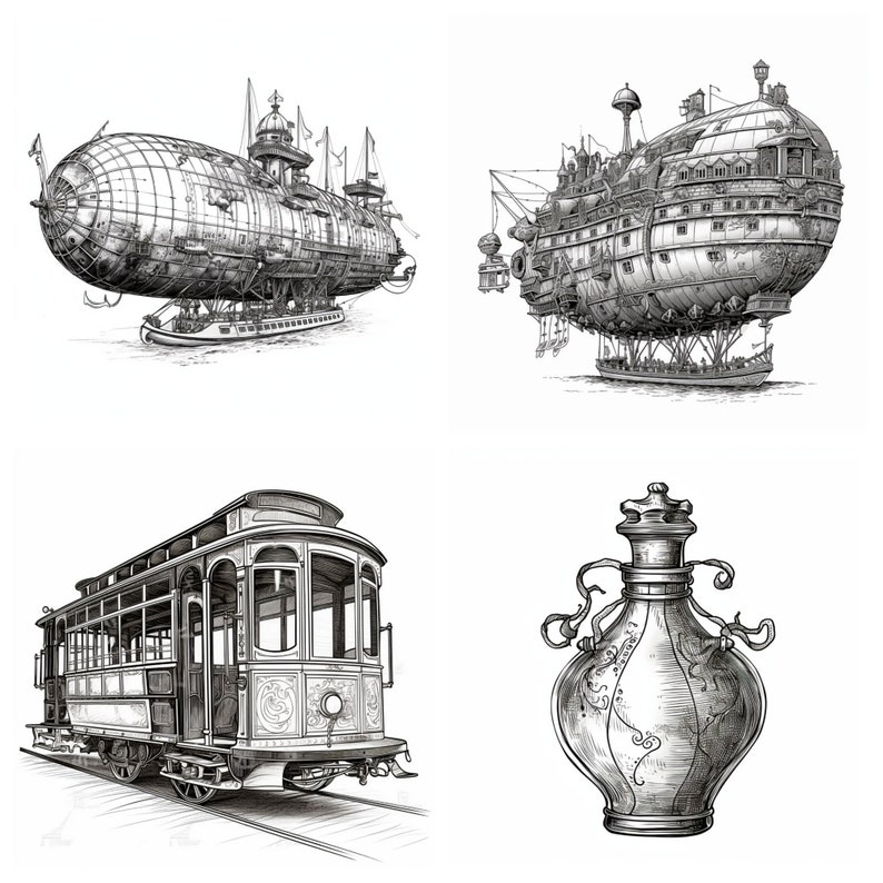 Steampunk Line Art Greyscale Monochrome Clipart, Vintage Victorian ...