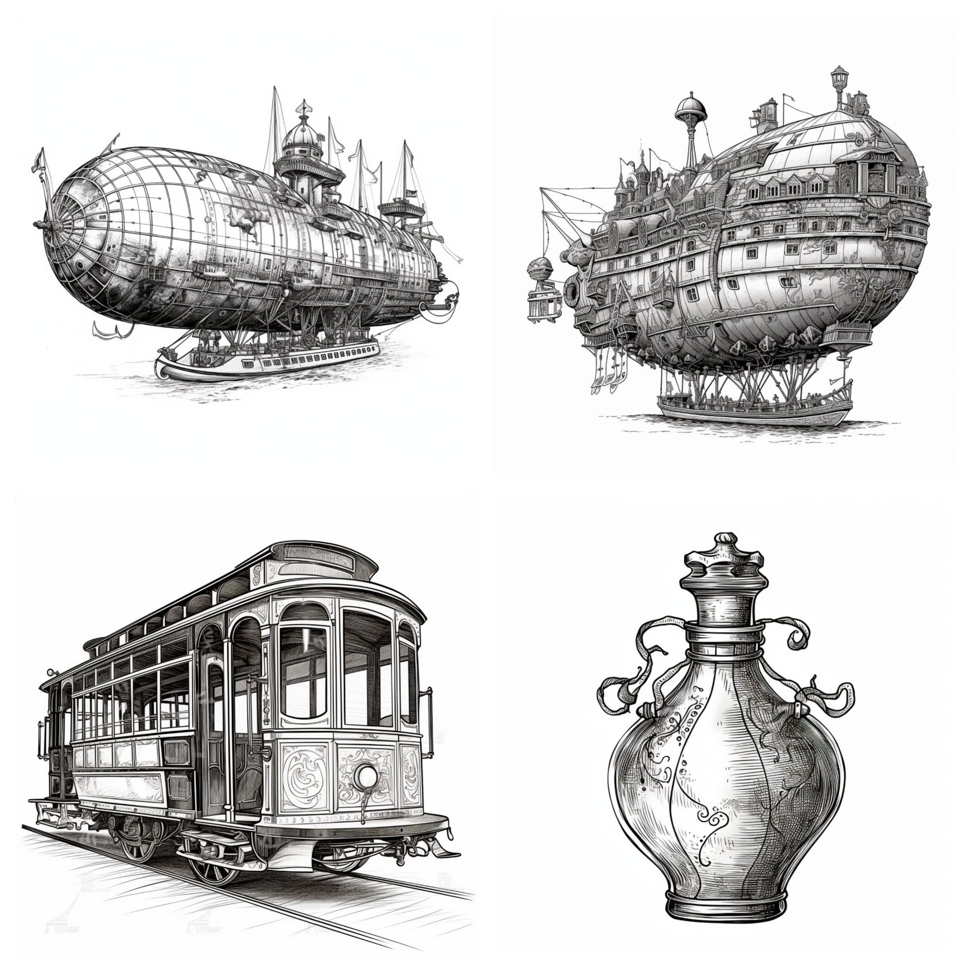 Steampunk Line Art Greyscale Monochrome Clipart, Vintage Victorian ...
