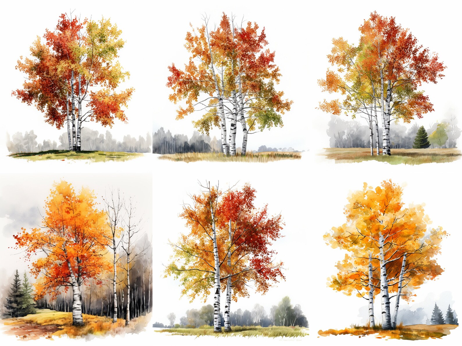 Autumn Birch Tree Clip Art Set: Fall Birch Tree Clipart, Vibrant ...