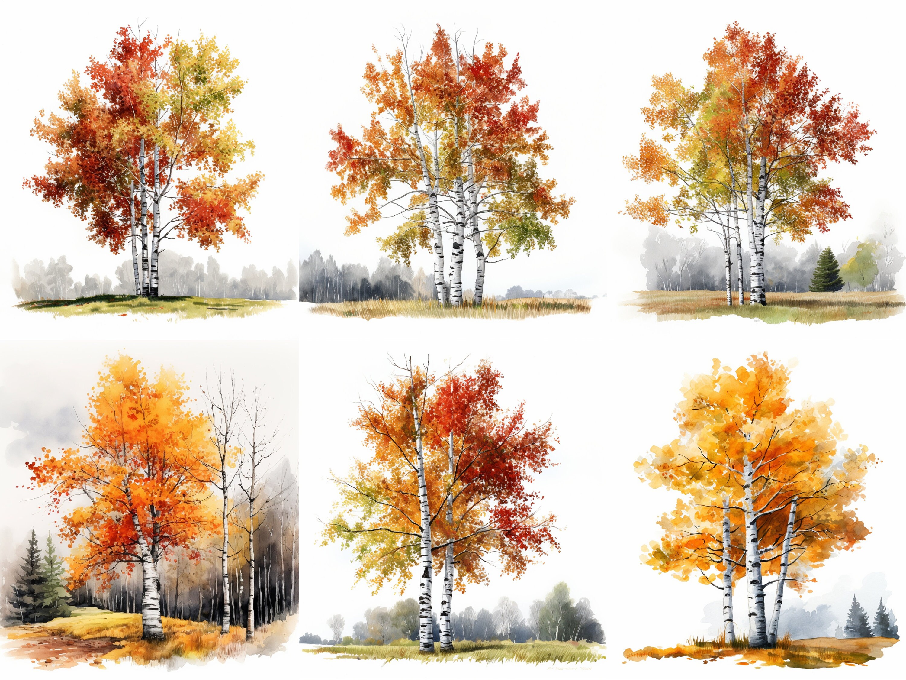 Autumn Birch Tree Clip Art Set: Fall Birch Tree Clipart, Vibrant ...