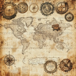 Steampunk World Map Digital Paper Pack - 12 Vintage Atlas Backgrounds ...