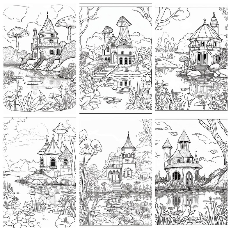 Fairy House Coloring Pages Fairy House by the Lake Fairy Adult Coloring ...