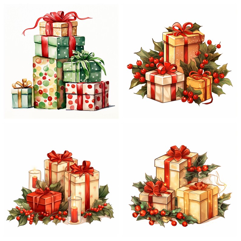 Christmas Gift Boxes Clipart, Watercolor Present, Xmas Clipart ...