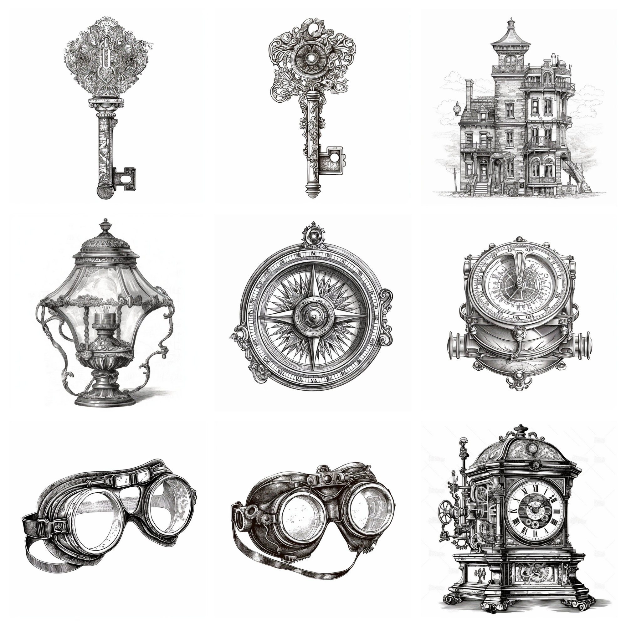 Steampunk Line Art Greyscale Monochrome Clipart, Vintage Victorian ...