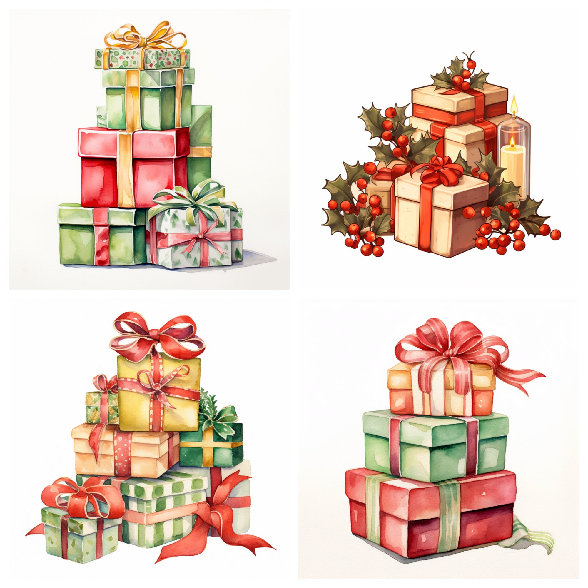 Christmas Gift Boxes Clipart, Watercolor Present, Xmas Clipart ...