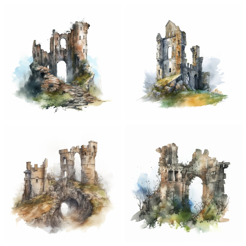 Medieval Ruined Castle Clipart Towers 16 High Quality Jpgs - Digital ...