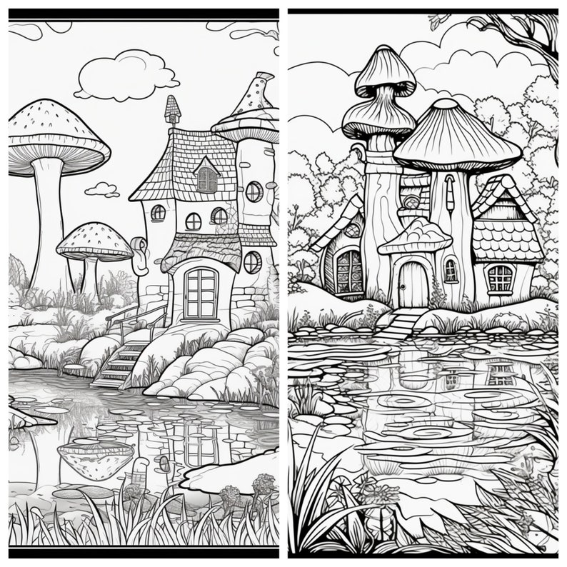 Fairy House Coloring Pages Fairy House by the Lake Fairy Adult Coloring ...
