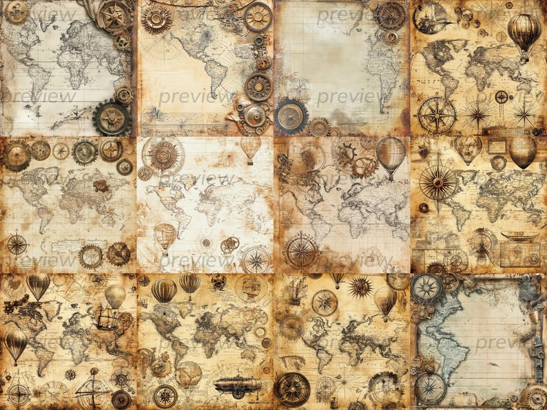 Steampunk World Map Digital Paper Pack - 12 Vintage Atlas Backgrounds ...