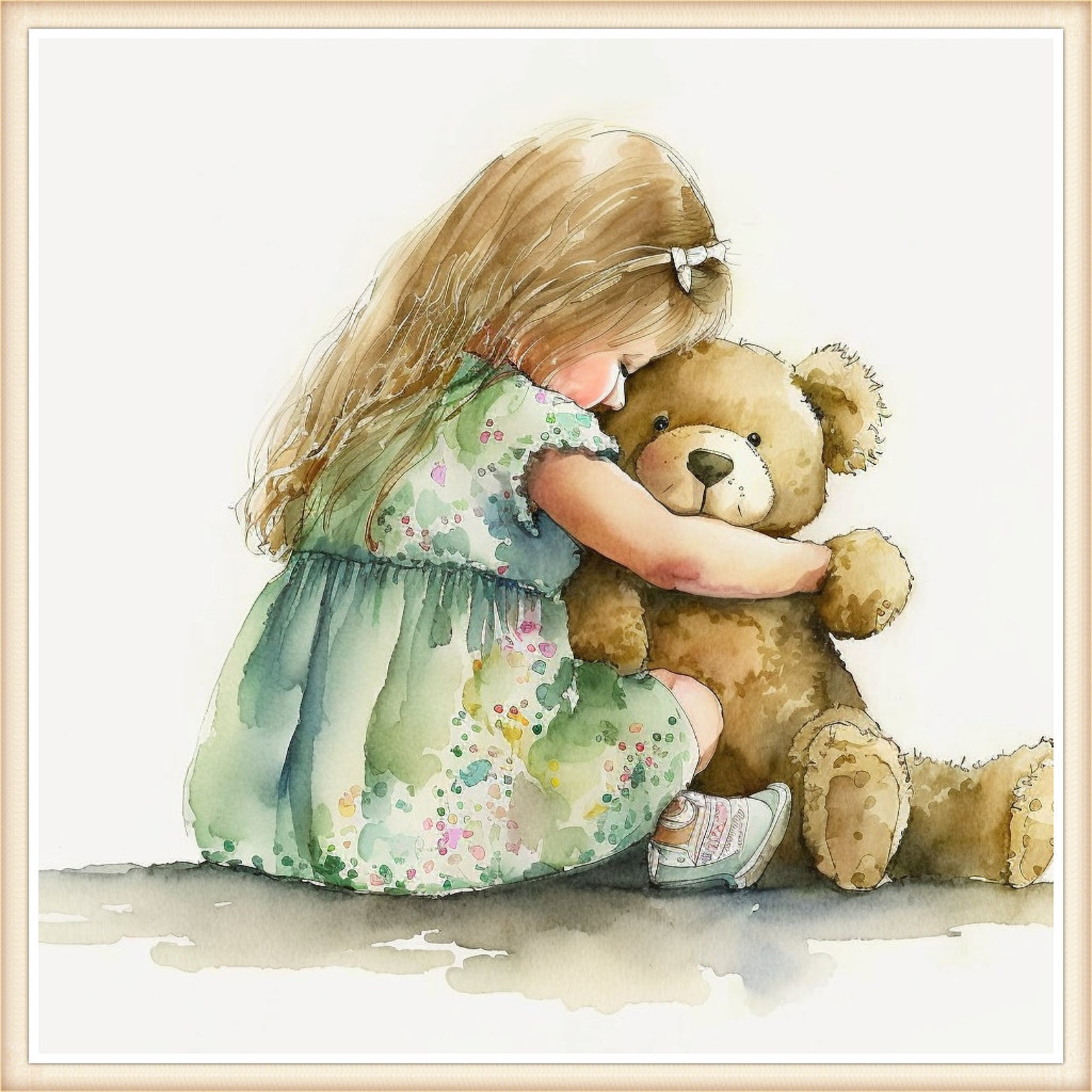 Little Girl Cuddling a Teddy Bear, Nursery Art, Printable Digital ...