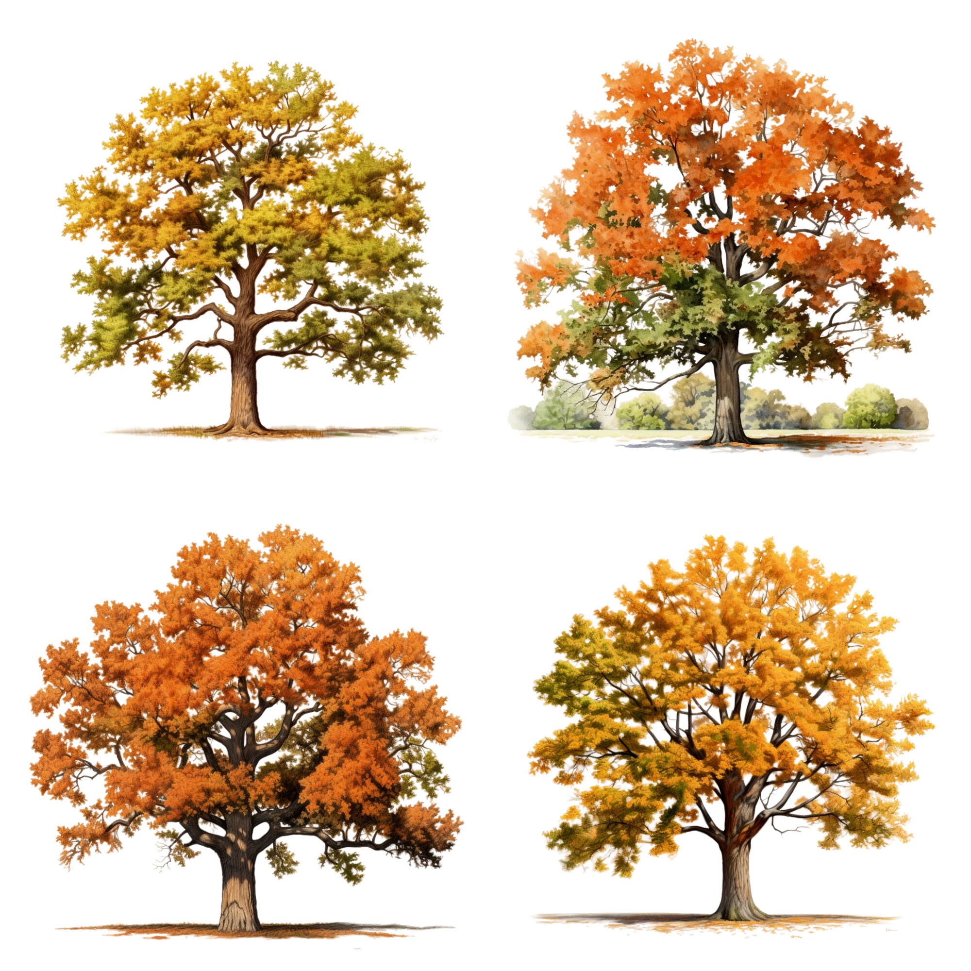Autumn Oak Tree Clip Art Set: Fall Oak Tree Clipart, Vibrant Watercolor ...