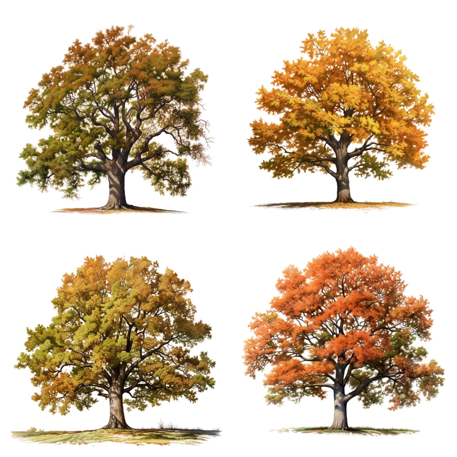 Autumn Oak Tree Clip Art Set: Fall Oak Tree Clipart, Vibrant Watercolor ...