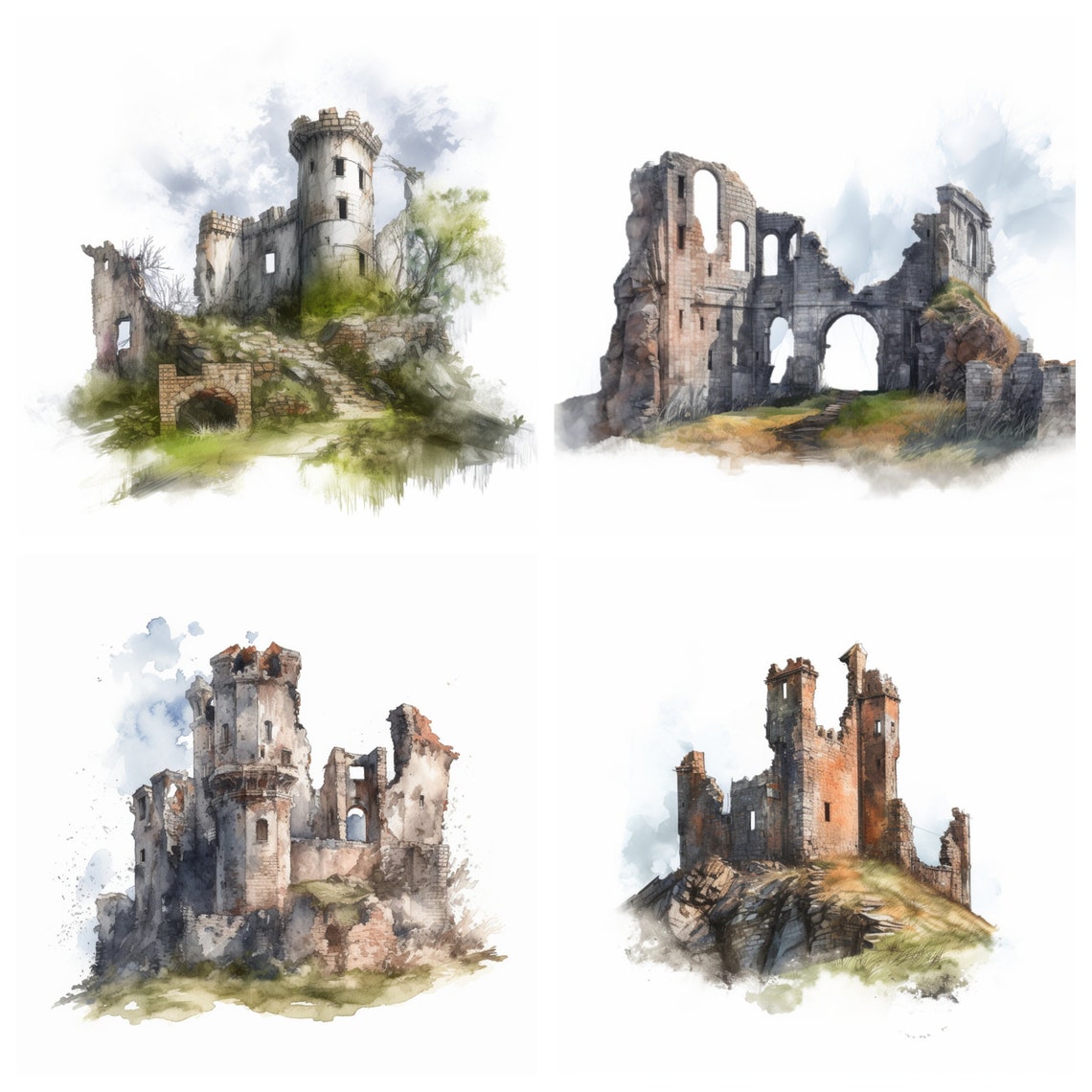 Medieval Ruined Castle Clipart Towers 16 High Quality Jpgs - Digital ...