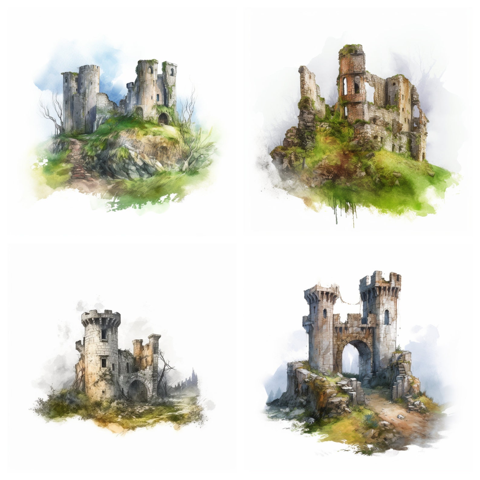 Medieval Ruined Castle Clipart Towers 16 High Quality Jpgs - Digital ...