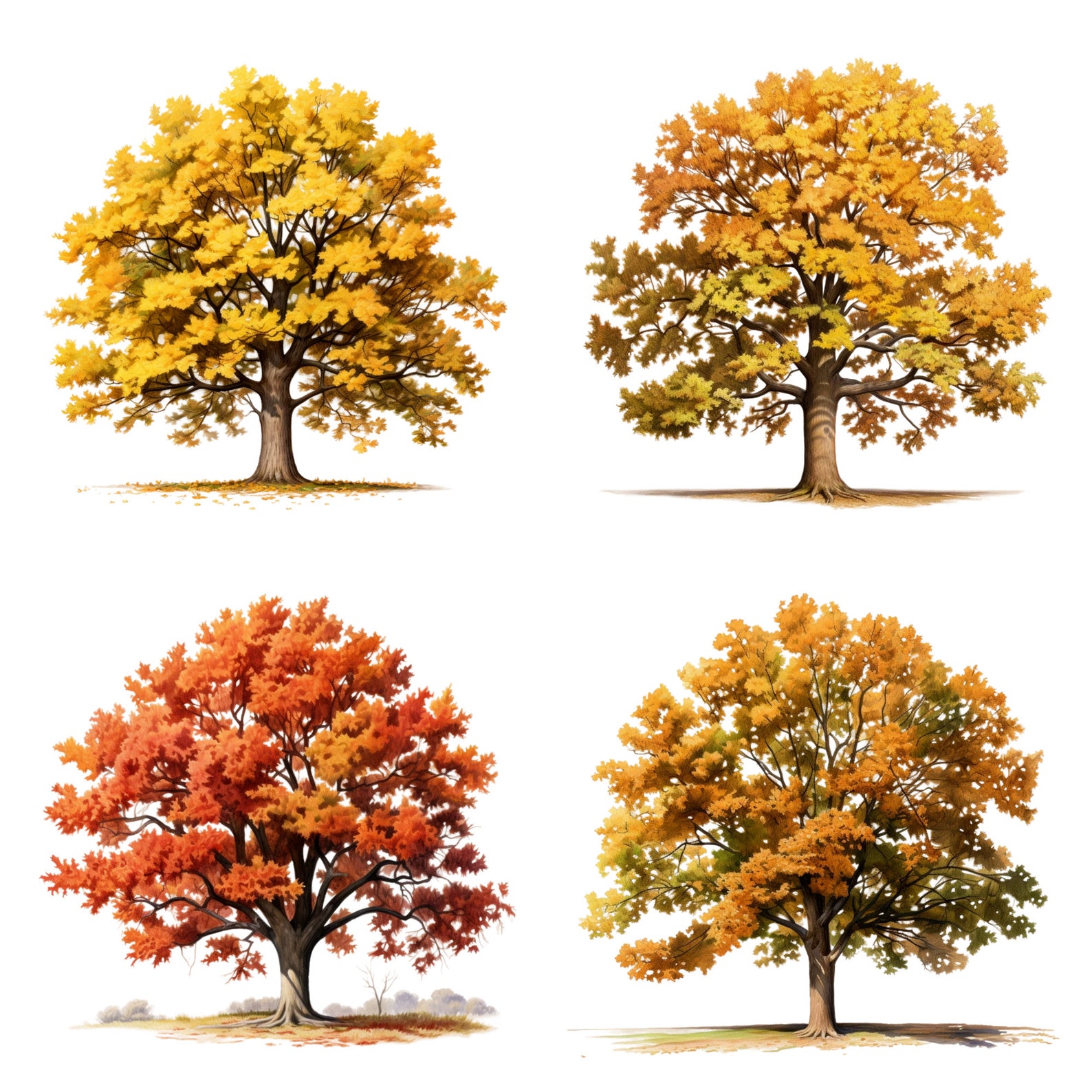 Autumn Oak Tree Clip Art Set: Fall Oak Tree Clipart, Vibrant Watercolor ...