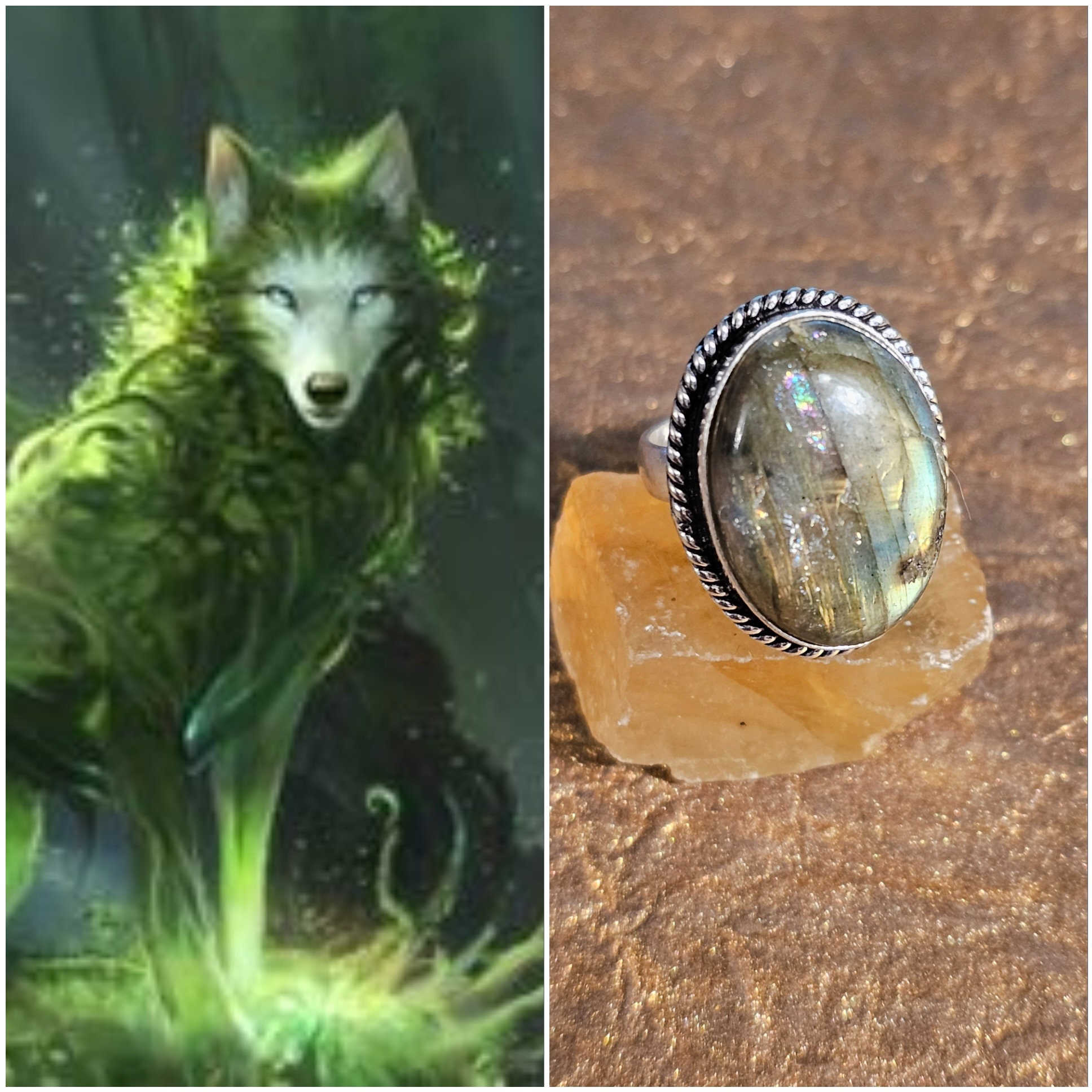 Female Earth Elemental Wolf Spirit Companion, Spirit Vessel Ring
