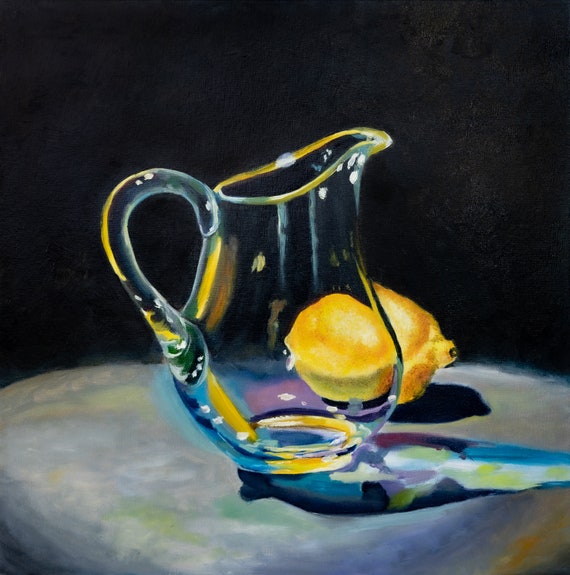 Water Glass Black Background Lemon Painting - Etsy