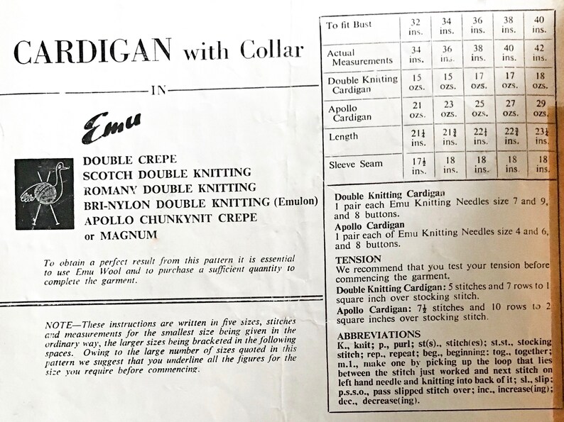 Vintage Knitting Pattern EMU 2173 DK Cardigan With Collar - Etsy