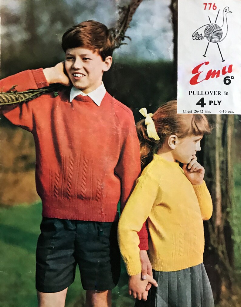 Vintage Knitting Pattern - EMU 776 Girls and Boys Pullover DIGITAL PDF ...