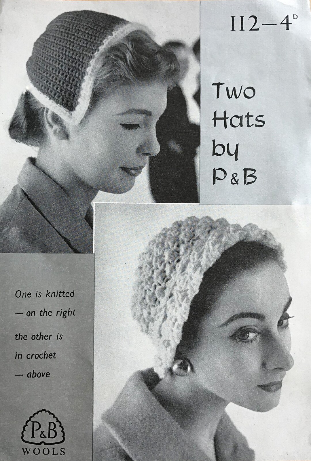Vintage Knitting Pattern - Patons and Baldwins 112 Two Hat Pattern One ...
