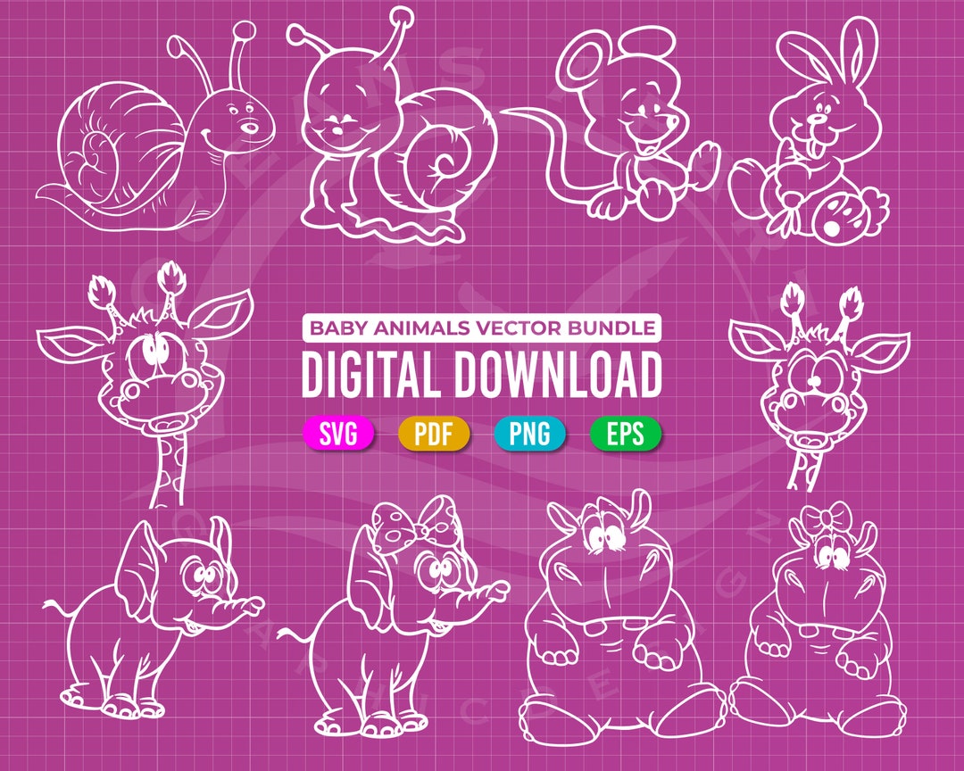 Bundle of 10 Baby Animals Vector SVG, Giraffe, Bunny, Hippo, Snail ...