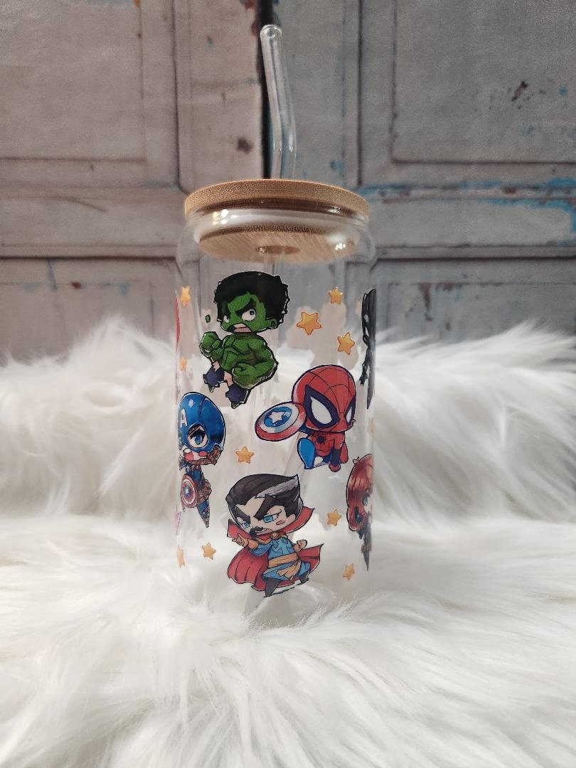 Little Marvel Superheroes Glass Cup | 16oz Beer Can Glass With Lid and ...