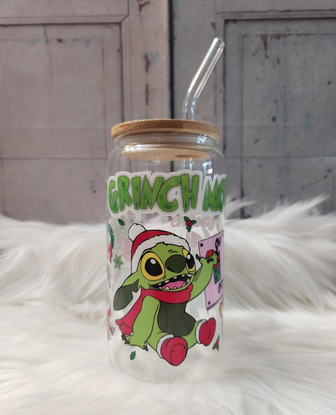 Stitch Green Monster Mode Glass Cup 16oz Beer Can Glass With Lid and ...