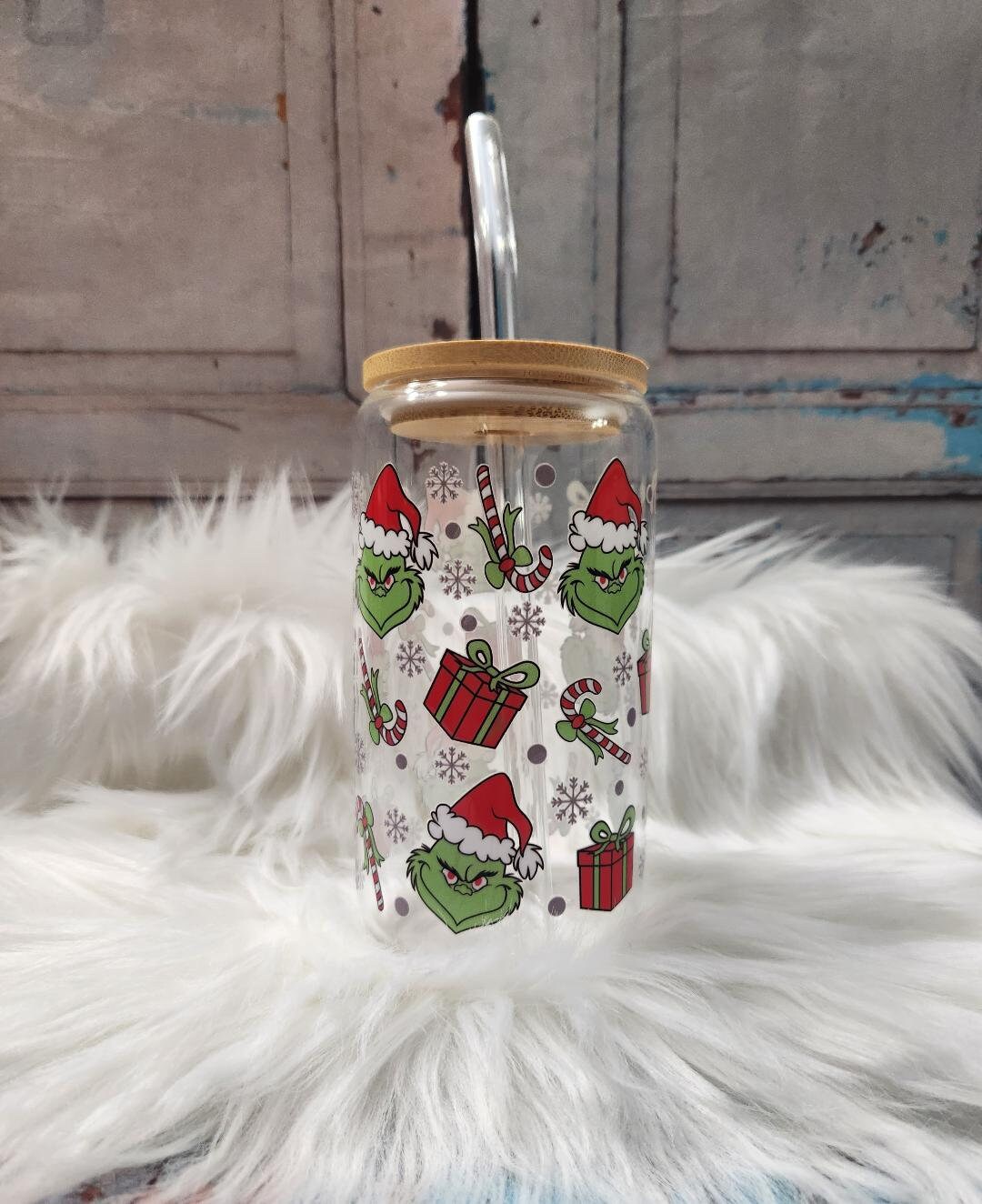 Grinch Christmas Glass Can 16oz Glass Cans With Lid and - Etsy
