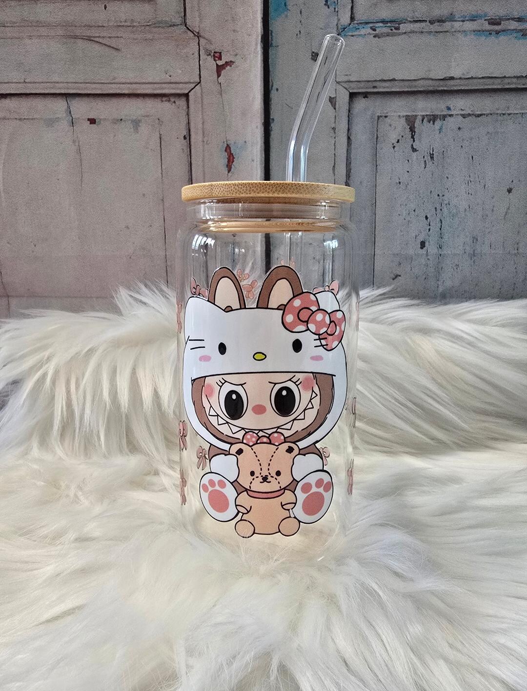 Labubu as Hello Kitty Glass Cup | 16oz Beer Can Glass With Lid and ...