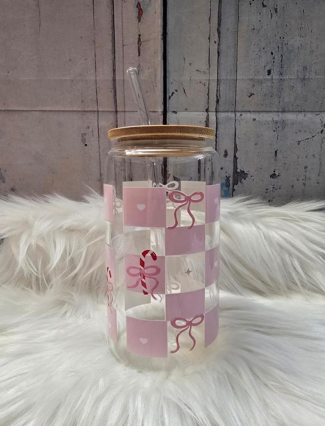 Candy Canes and Ribbons Glass Cup | 16oz Beer Can Glass With Lid and ...