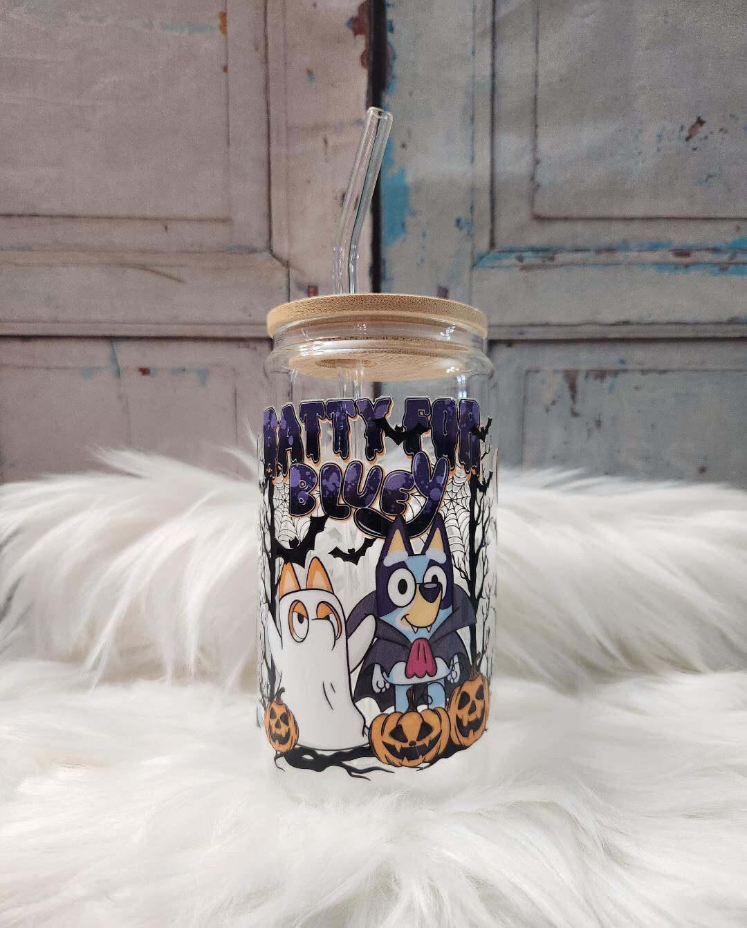 Batty for Bluey Glass Cup 16oz Beer Can Glass With Lid and Glass Straw ...