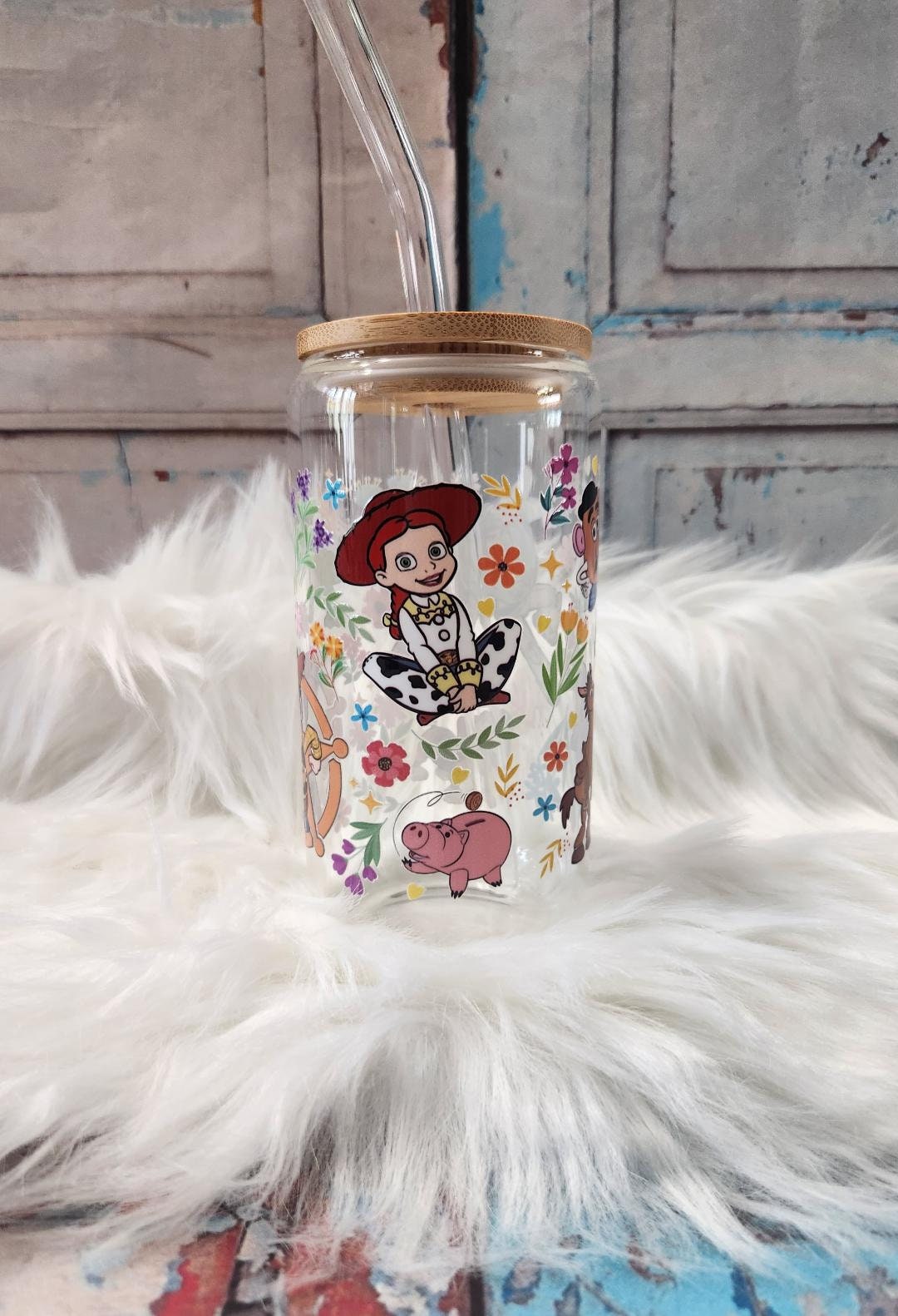 Woody and Friends Toy Story Print Glass Can | 16oz Glass Can With Lid ...