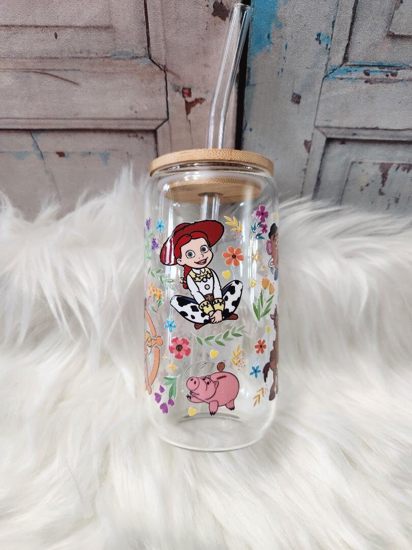 Woody and Friends Toy Story Print Glass Can | 16oz Glass Can With Lid ...