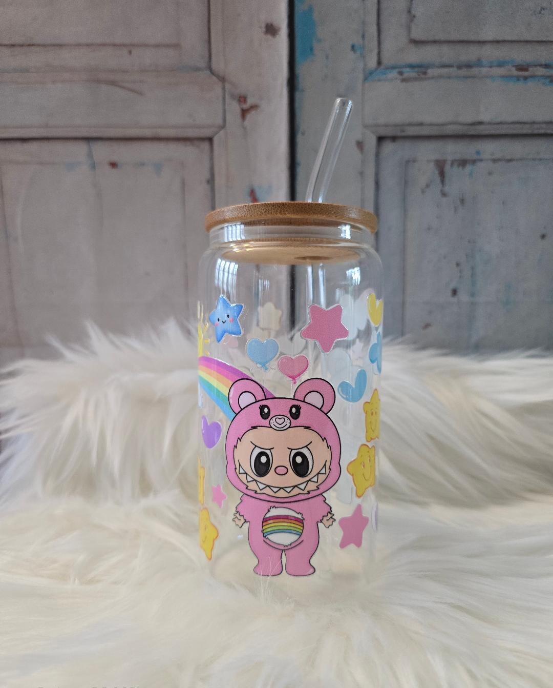 Labubu as Care Bears Glass Cup | 16oz Beer Can Glass With Lid and Glass ...