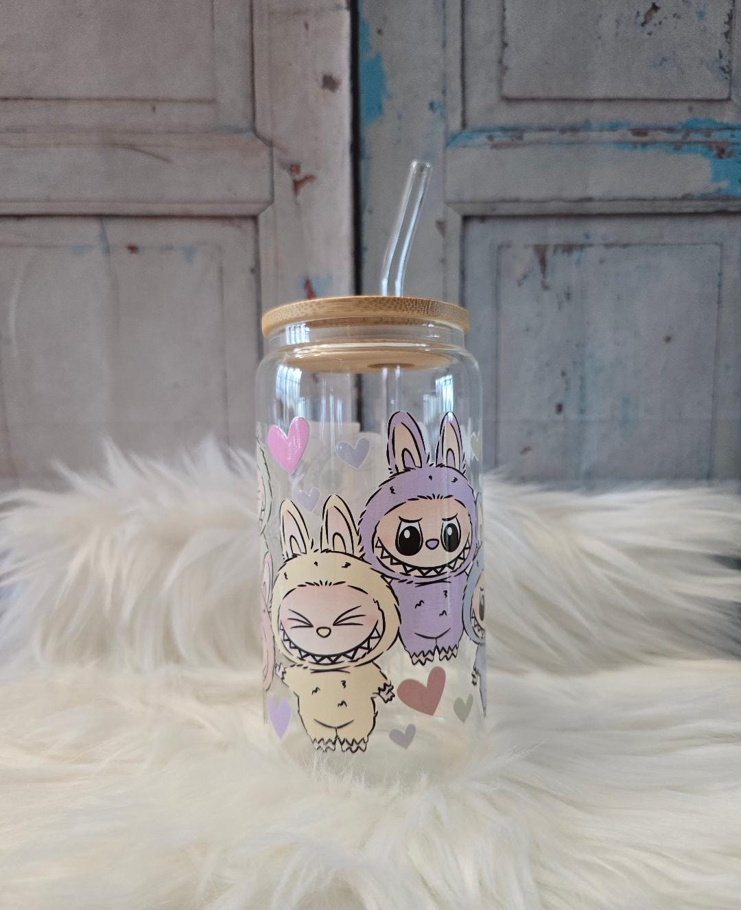 Labubu With Hearts Glass Cup | 16oz Beer Can Glass With Lid and Glass ...