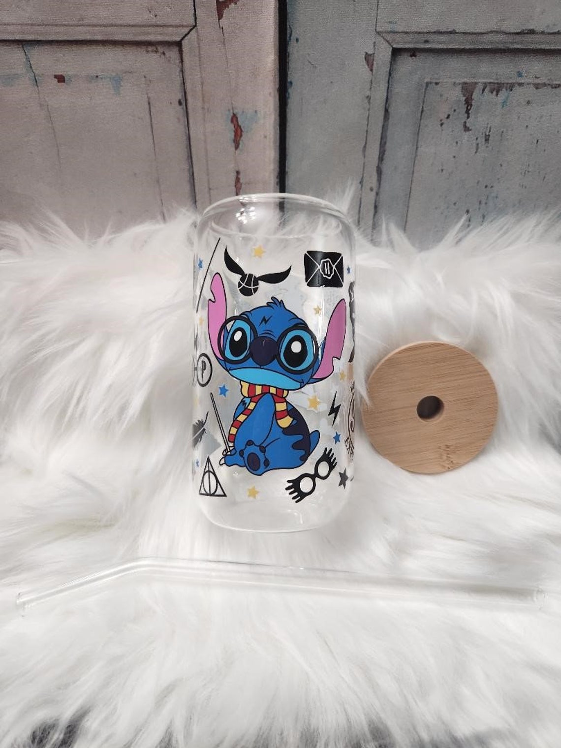 Stitch Print Glass Cup 16oz Beer Can Glass With Lid and - Etsy