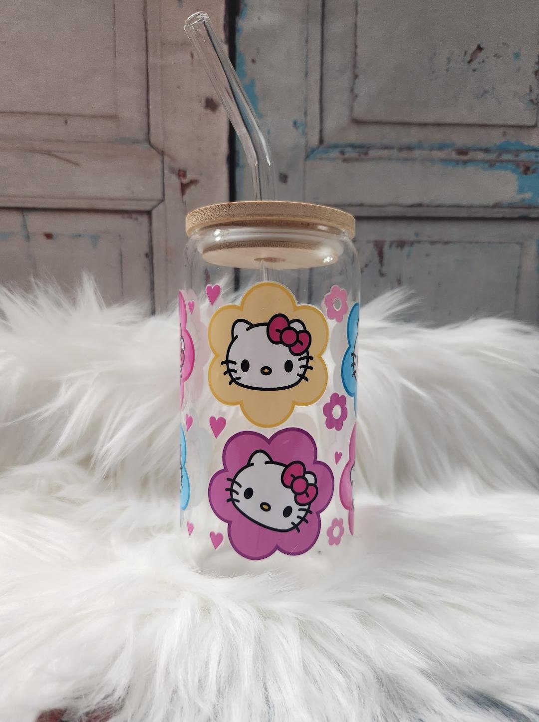 Hello Kitty's Face Glass Can 16oz Glass Cans With Lid - Etsy