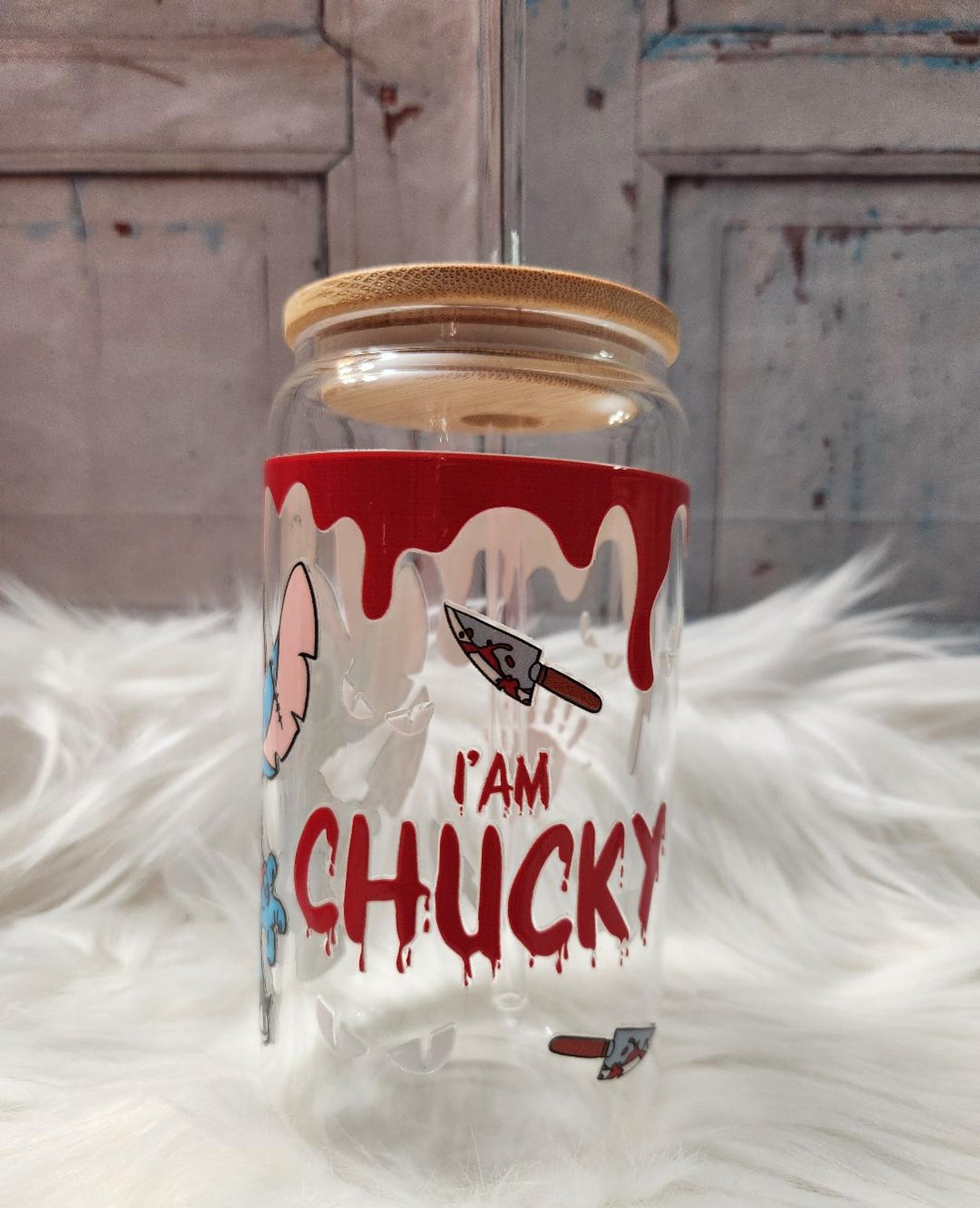 Chucky Stitch Glass Cup 16oz Beer Can Glass With Lid and Glass Straw ...