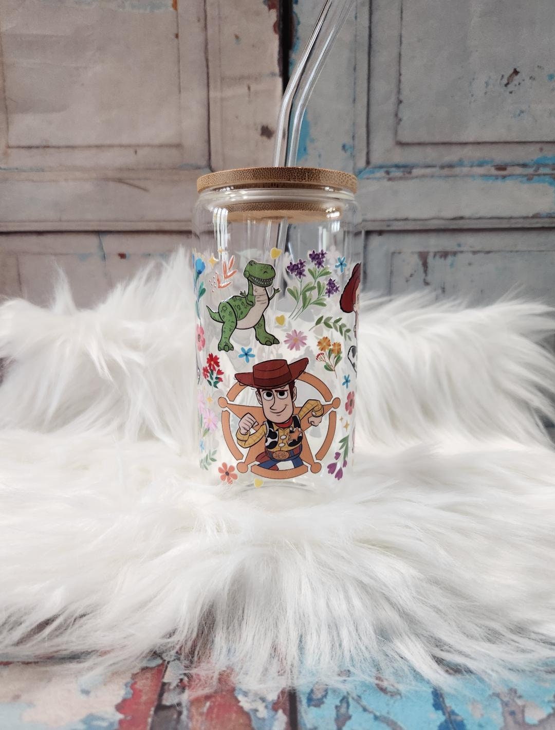 Woody and Friends Toy Story Print Glass Can | 16oz Glass Can With Lid ...