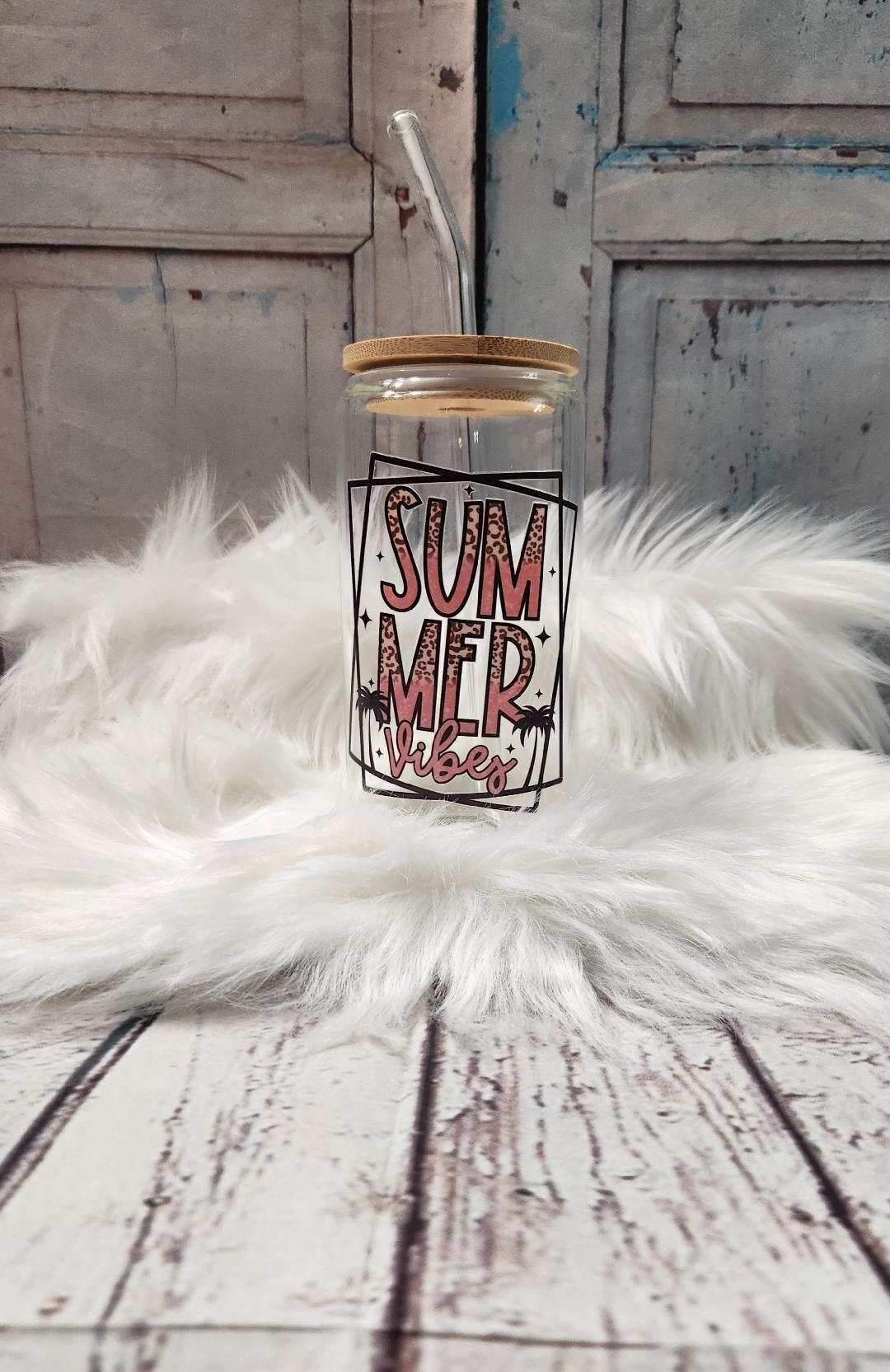 Summer Vibes With Palm Trees Print Glass Can | 16oz Glass Can With Lid ...