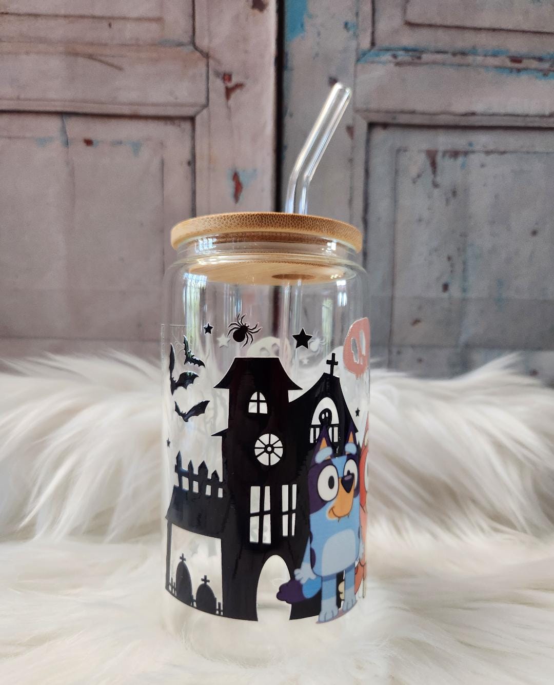 Bluey and Friends Halloween Glass Cup | 16oz Beer Can Glass With Lid ...