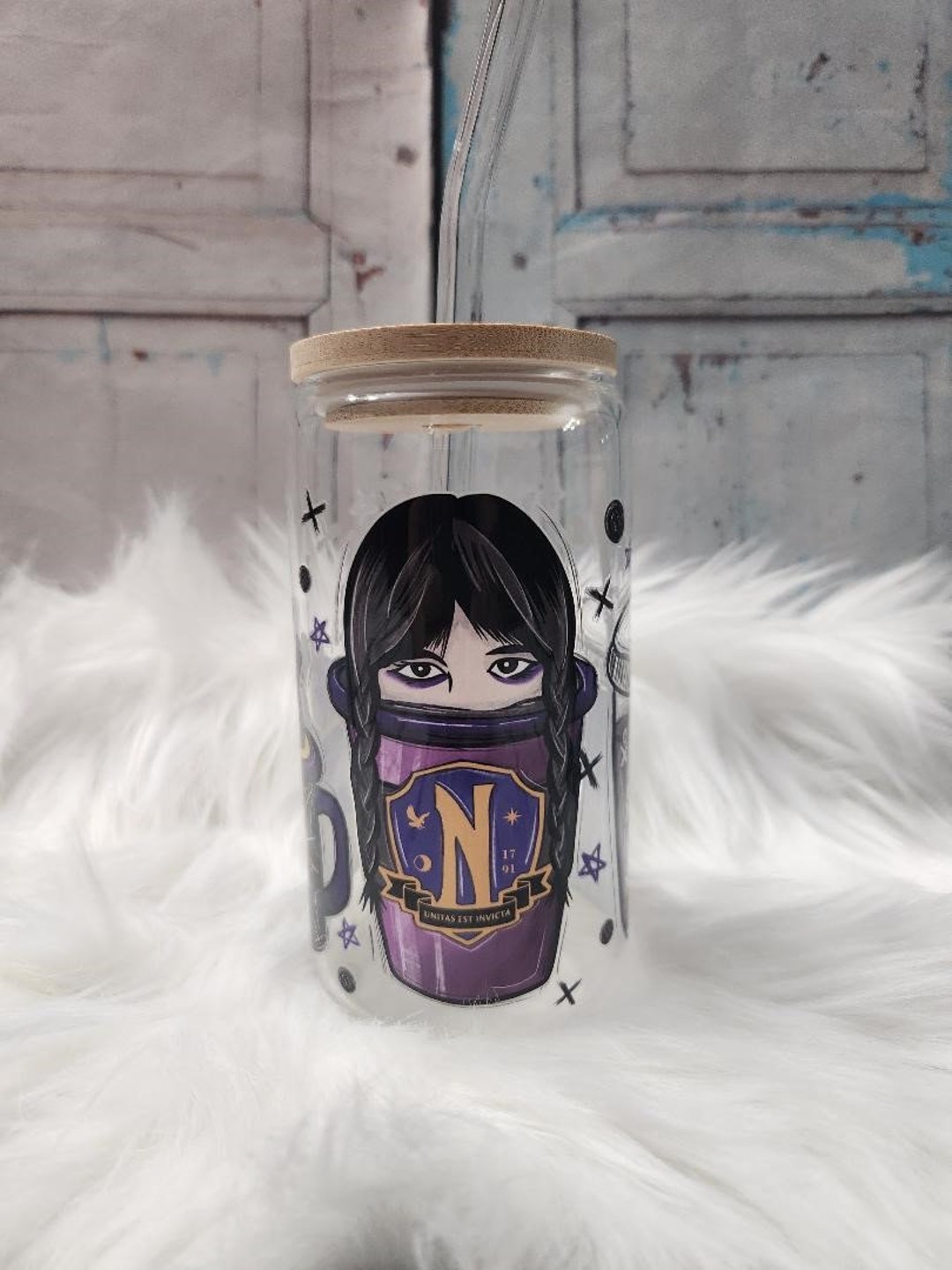 Wednesday Adams Glass Cup 16oz Beer Can Glass With Lid and Glass Straw ...